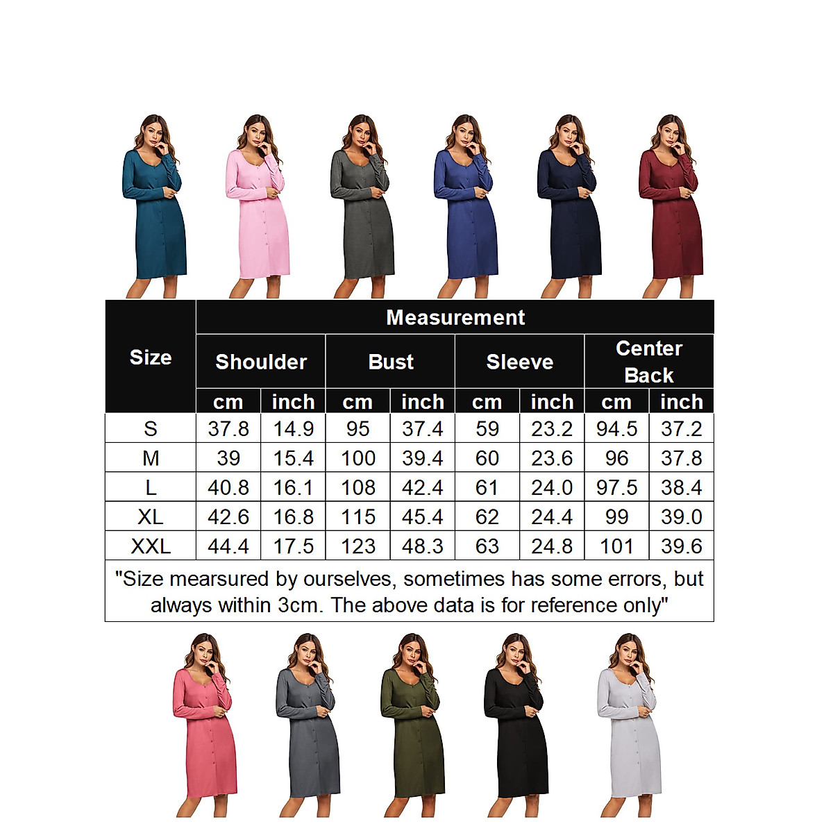 Ekouaer Women's Nightgown V Neck Button Down Sleepwear Long Sleeves Nightshirts Soft Button Sleep Dress Army Green