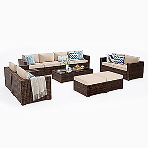 Patiorama 12 Piece Patio Furniture Set, Outdoor Sectional Sofa, All-Weather Brown PE Wicker Rattan Conversation Set, Patio Couch Furniture Set w/Coffee Table for Balcony Garden Pool(Beige Cushion)