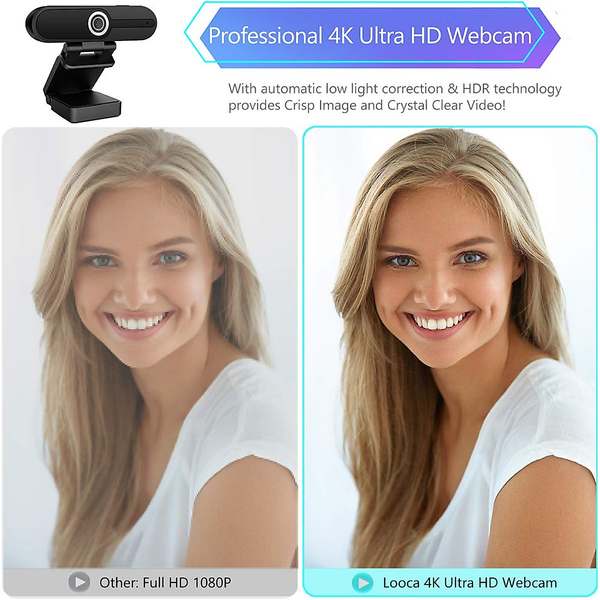 Webcam 4K HD Computer Camera 8MP Microphone PC Web Camera, Full Widescreen Laptop USB Webcams, Privacy Shutter, Tripod, Mac Desktop Notebook Webcam, Video Calling Recording Webcam
