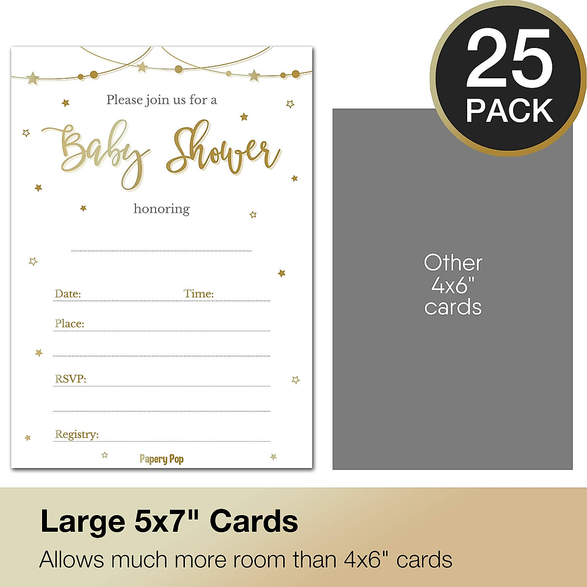 Set of 25 Baby Shower Invitations with Envelopes, Diaper Raffle Tickets and Baby Shower Book Request Cards - Night Stars