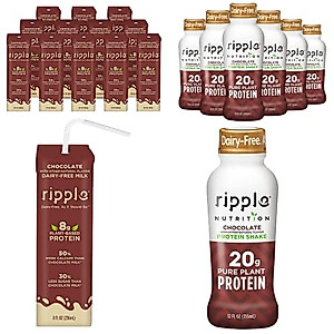 Ripple Vegan Protein Shake, Chocolate 12 Fl Oz (12 Pack) & Ripple Vegan 8 oz Dairy-Free Milk, Chocolate (12 Pack) | 24 Pack