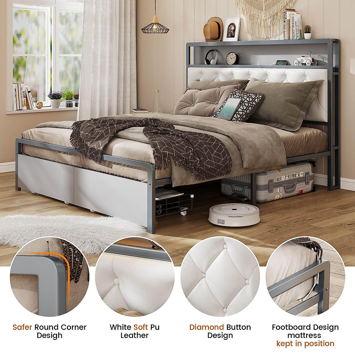 QFP Full Bed Frame,Bed Frame Full Size with Headboard and 2-Tier Storage,Metal Platform Bed Frame with 2 Drawers & Charging Station & LED Lights,Noise-Free/Metal Support/No Box Spring Needed,Grey