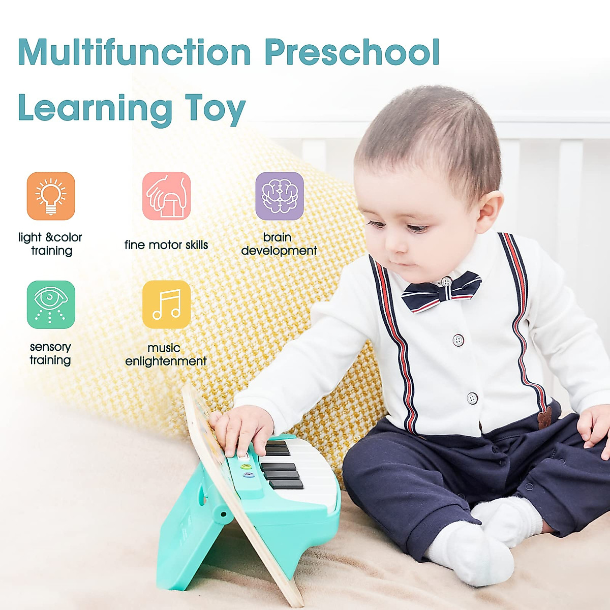 TUKELER Toddler Piano Wooden Musical Toy, Kids Keyboard with Lights, Sound Multifunctional Baby Piano&Xylophone Toy for 12 Months and Older Boys and Girls