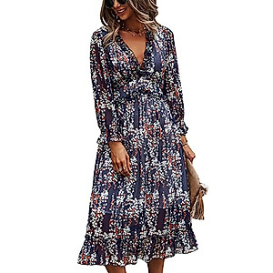 MOPOOGOSS Womens Junior Casual Summer Spring Ruffle Elegant Floral Long Sleeve Sexy V Neck Cute Chiffon Boho Beach Tunic Swing A Line Flowy Long Beach Casual Dresses for Women Navy M