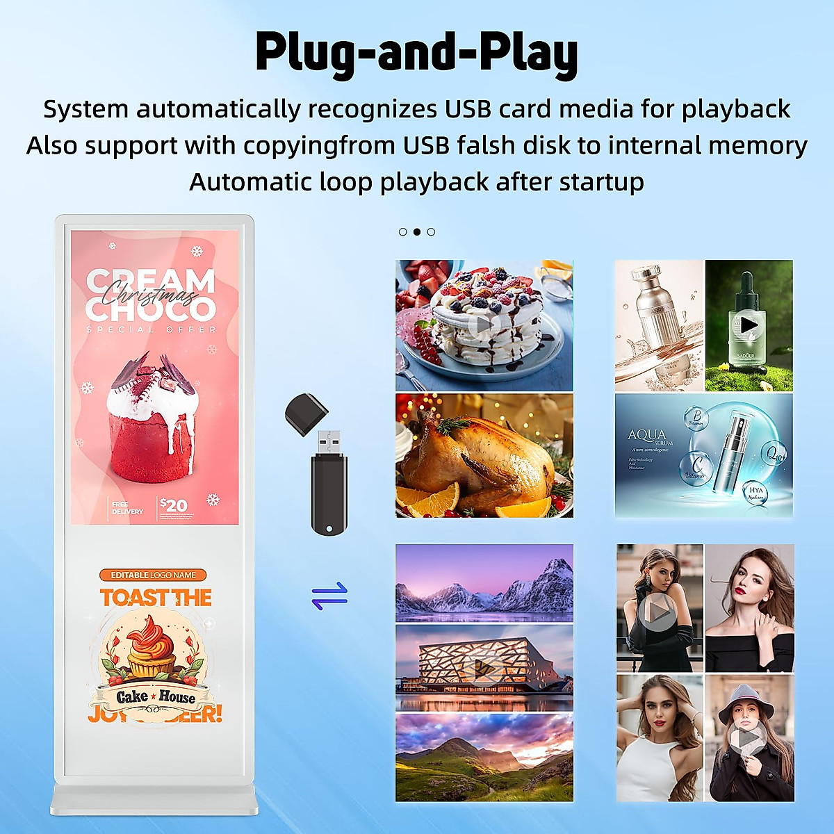 YCKJNB 55 inch Indoor Digital Signage 4K Touchscreen IPS Floor Standing Digital Kiosks Interactive Displays with WiFi HDMI/USB Input Auto AD Player, Android OS White