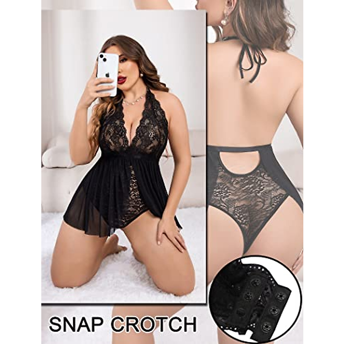 Avidlove Plus Size Babydoll Womens Lingerie Snap Crotch Lace Nighty Halter Plunging Mesh Sleepwear 14-24W (18W, Black)