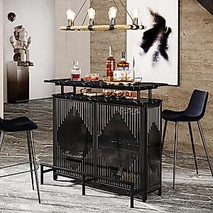Tribesigns Home Bar Unit, 3 Tier Liquor Bar Table with Black Faux Marble Shelves and Stemware Racks, Wine Bar Cabinet Mini Bar with Acrylic Front for Home Kitchen Basement Pub, XDBAR858
