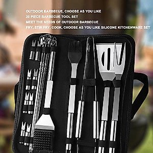 20pcs BBQ Grill Set Professional Stainless Steel Tongs Spatula Fork Brush Barbecue Tool Set for Outdoor Camping Travel