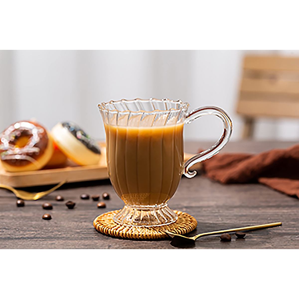 FERMID Glass Coffee Mugs for Hot Drinks with Handle Mugs Set of 4PCS 10oz/300ml Vintage Glass Tea Cups Heat Resistant Cold Crystal Clear Mugs for Latte Cappuccino Espresso glasses