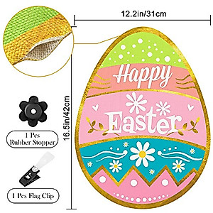 Whaline Happy Easter Garden Flag Colorful Easter Egg Shaped Yard Flag with Rubber Stopper and Windproof Clip Double-Sided Waterproof Spring Holiday Outdoor Burlap Fabric Flag for Patio Lawn