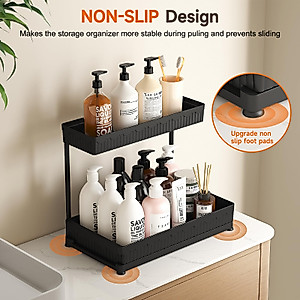 Sevenblue 3 Pack Under Sink Organizers and Storage L-Shaped, 2 Tier Sliding Bathroom Organizers and Storage with Hooks Hanging Cup, Multi-purpose Cabinet Organizers for Kitchen Bathroom, Black