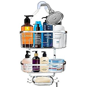 Bathroom Hanging Shower Caddy Over Shower Head, Shower Organizer, Shower Shelf, 3-layer Hanging Basket with 1 Adhesive Wall Hook Screws Stickers 2 Sucker, No Need to Perforat, Surface Plating