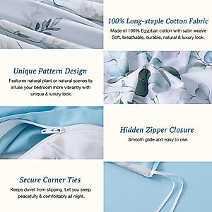 MILDLY 100% Long-Staple Cotton Duvet Cover Set Baby Blue Teal Gradient Leaf Pattern Printed Comforter Cover 3pcs, Ultra Soft & Breathable Bedding Set