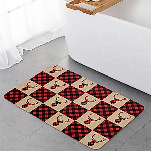 Christmas Bath Rugs Elk Deer Reindeer Sponge Doormat Absorbent Non Slip Backing Durable Soft Flannel Mat Red Buffalo Plaid Checkered Christmas Memory Foam Mats for Bathroom Kitchen 18 x 30 inches