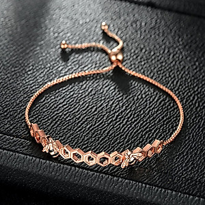 Presentski Bee Honeycomb Bracelet 925 Sterling Silver, Rose Gold Plated Adjustable Jewelry for Women