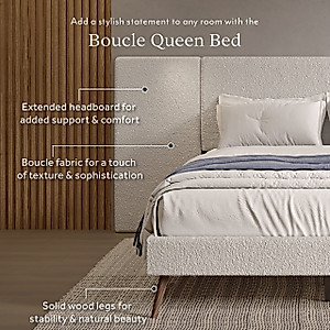 DG Casa Boucle Modern Platform Upholstered Bed Frame with Soft Textured Extended Headboard Fluted Wooden Base Legs, Slat Support Included, Easy Assembly, Queen Size, Cream
