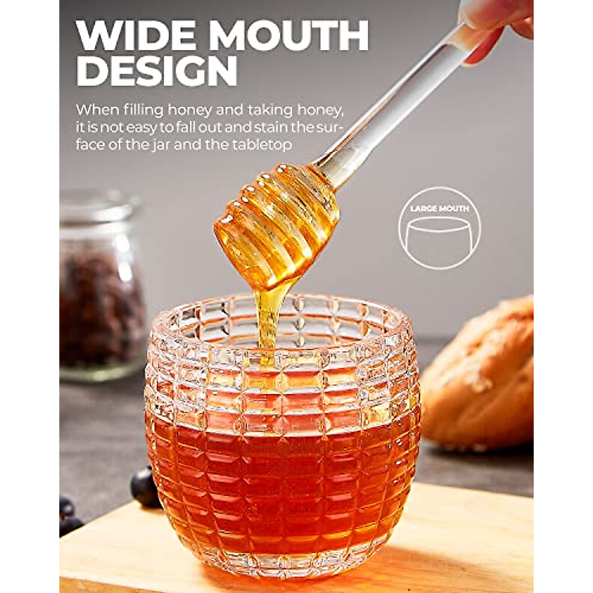 Ahoo Glass Honey Jar,Dispenser Honey Pot Containers with Wooden Dipper Stick Set and Lid,Storage Honey Holder Bottle