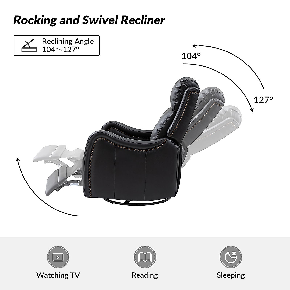 HULALA HOME Genuine Leather Swivel Rocker Recliner with Adjustable Backrest & Footrest, Manual Glider Reclining Chair for Living Room Bedroom, Home Theater Sofa Chair with 360° Swivel Base (Black)