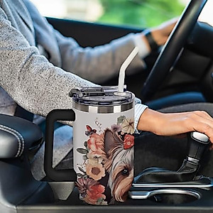 WYUSPGK 40oz Stainless Steel Car Mug, Yorkie Floral Print Travel Mug, Double-Wall Insulated with Straw, Perfect for Car, Office, Outdoor