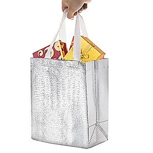Elsjoy 40 Pack Glossy Reusable Grocery Bags, 10 x 8 Inch Non-woven Tote Shopping Bags with Handle, Silver Shiny Gift Bags Stylish Shopping Bags for Birthday, Wedding, Party, Business