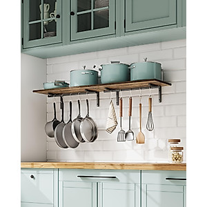 OROPY 2 Pack Wooden 23.6'' Pot Pan Hanging Rack Wall Mounted with 10 S Hooks, Set of 2 Large Pot Wall Holder Kitchen Shelves for Utensils, Cookware