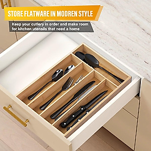 CherHome Silverware Organizer Utensil Drawer Organizer,Silverware Tray for Kitchen Drawer,Bamboo Flatware Tableware Cultery Caddy Utensil Tray Utensils Holder，5-Compartment，13.5" D x 10" W x 2" H