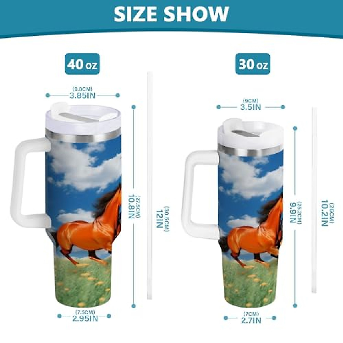 Jihqo Running Field Horses 40 oz Stainless Steel Vacuum Insulated Tumbler with Handle and Straw Lid, Leakproof Water Bottle Double Wall Travel Mug Coffee Cup, Cupholder Friendly