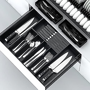 VaeFae Bamboo Silverware Drawer Organizer Kitchen, Expandable Utensil Holder and Cutlery Tray with Divider | 13"-21.6" Flatware Storage and Removable Knife Block (Black)