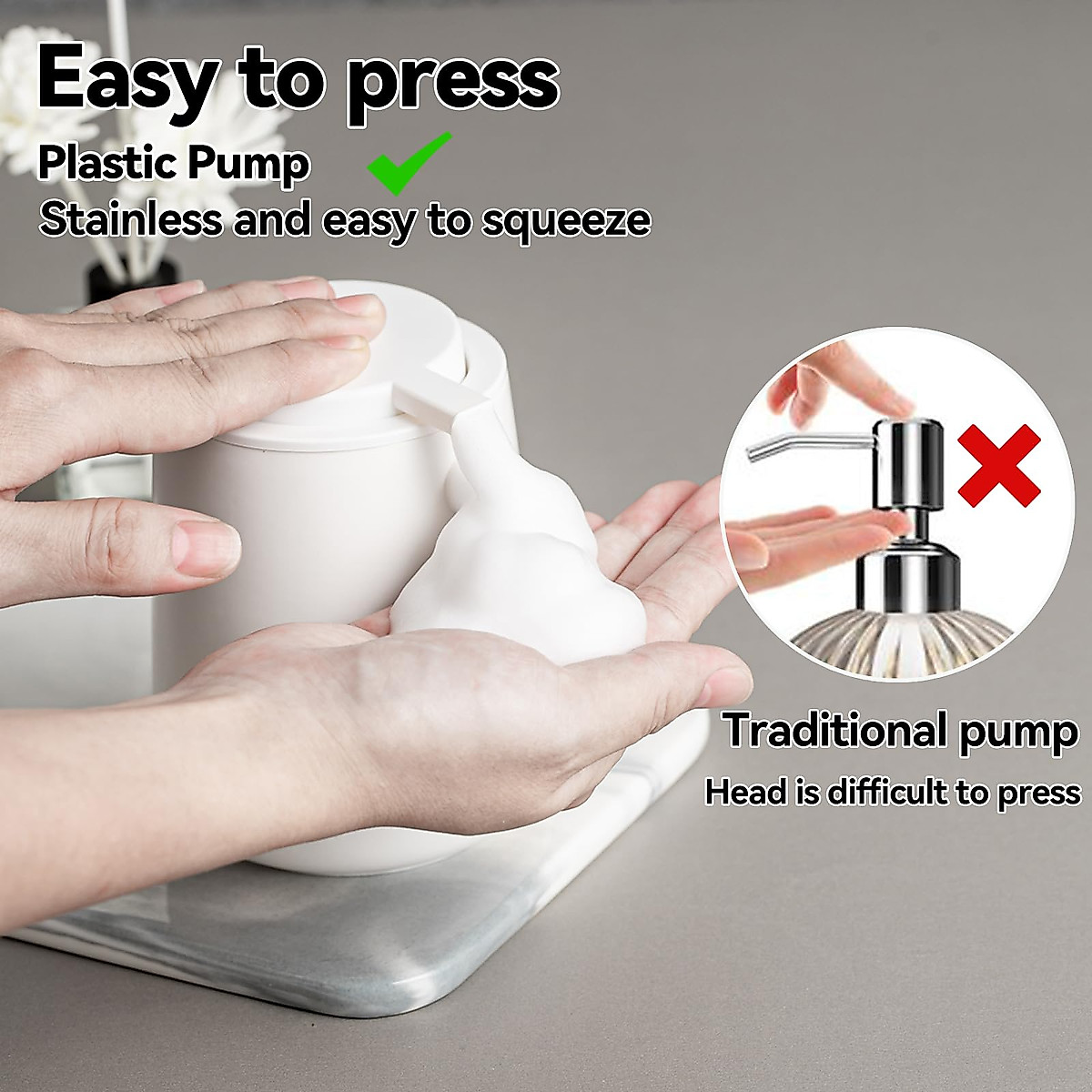 AZMOYAC Foaming Hand Soap Dispenser - White Ceramic Foam Soap Dispenser for Bathroom, Face Wash Dispenser Lotion Bottle with Foaming Pump, 12 Oz Refillable Dish Soap Dispenser for Kitchen