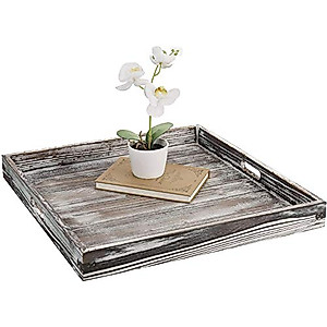 MyGift 19-inch Square Rustic Torched Wood Ottoman Tray with Vintage Metal Side Accent Wraps