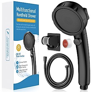 HEROBAI High Pressure Shower Head with Handheld, On Off Shower for RV, Water Saving Shower Head with Stop Button and 3 Modes, Detachable RV Shower Head with Hose and Self-Adhesive Bracket (Black)