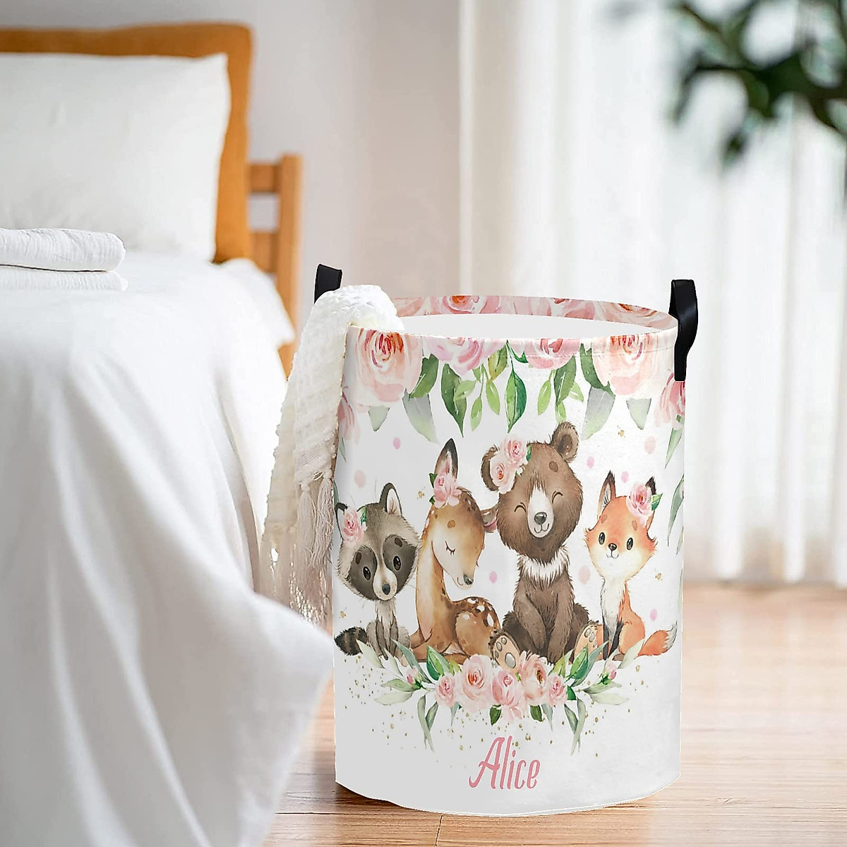 zaaprintblanket Laundry Basket Customized Name Organizer Storage Round Baskets Foldable Laundry Hamper with Handle for Nursery Bedroom Decor (Woodland Animals Pink Blush Floral)