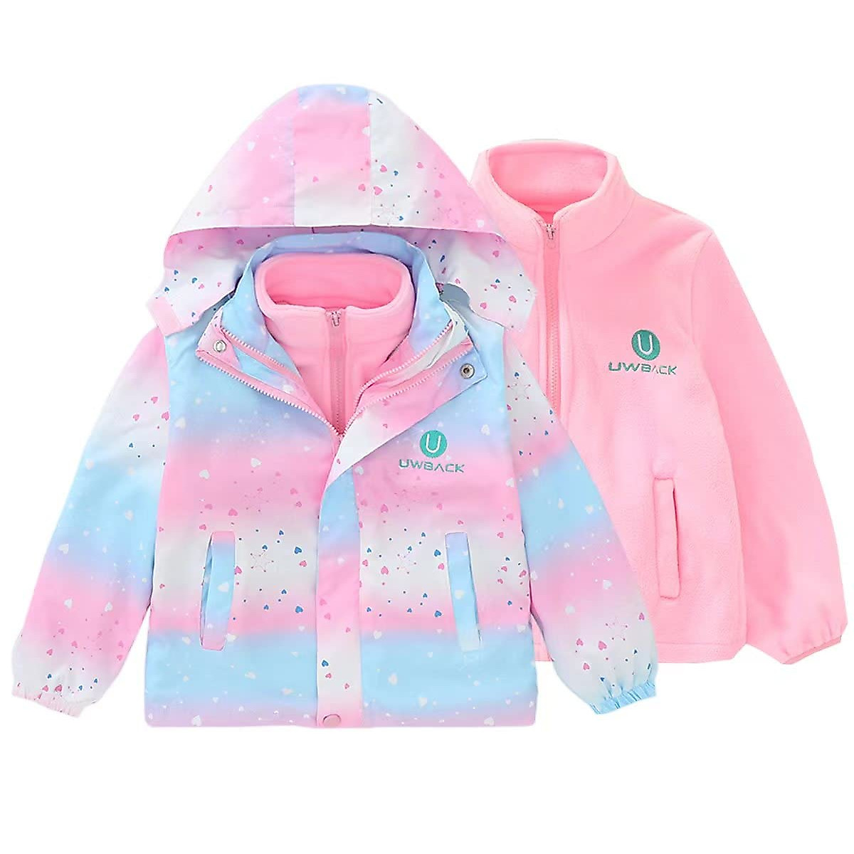 UWBACK Girls Jacket 3 In 1 Detachable Liner Fleece Windproof Waterproof Winter Coat With Hood Pink Love 150