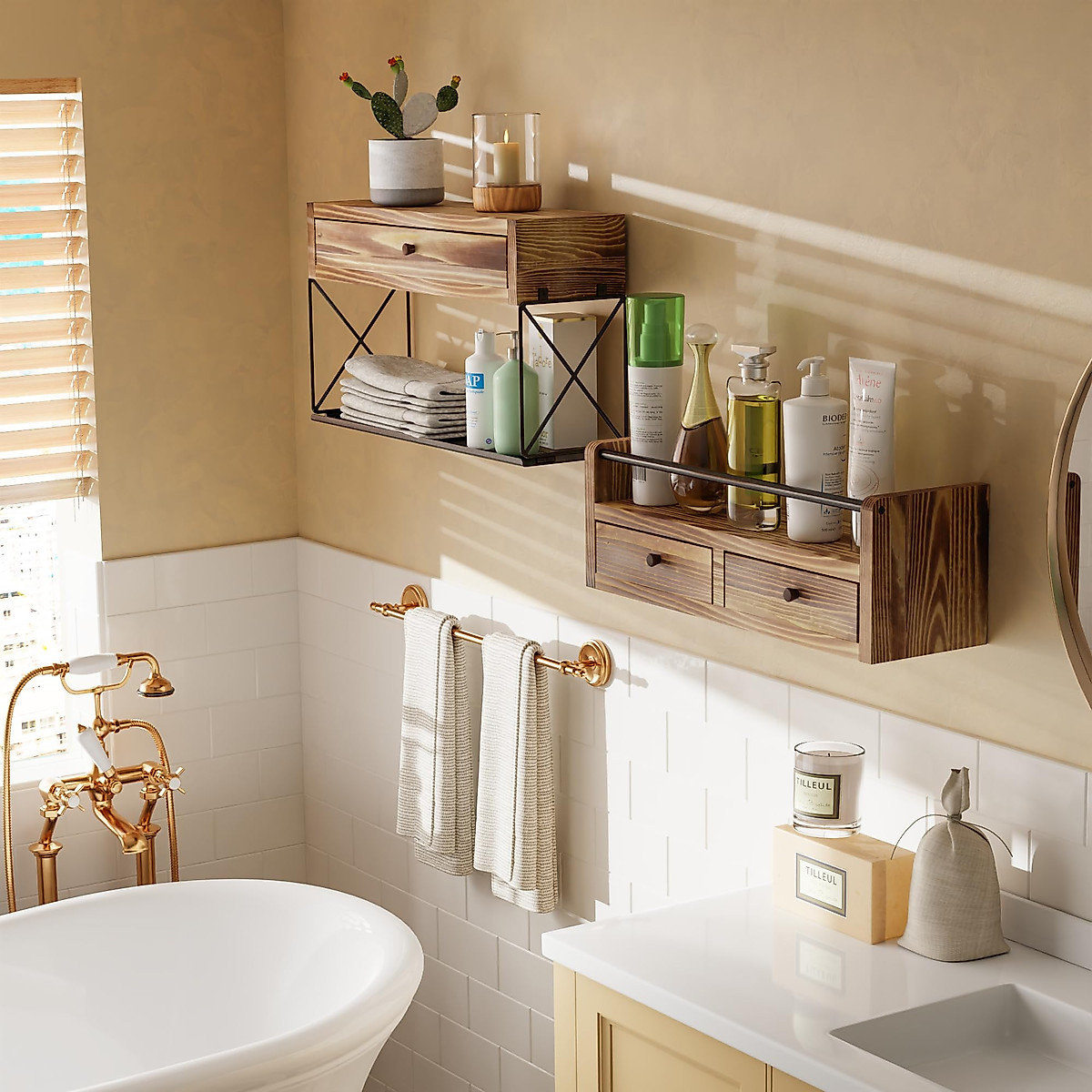 ENPKLUTE Floating Shelf with Drawer Set of 2, Wall Baskets, Bathroom Shelf with Protective Guard, Floating Wood Shelves, Wall Mount Shelves, Above Bed Wall Decor, Rustic Shelves for Bathroom, Bedroom