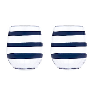 Kate Spade New York Stemless Wine Glass Set of 2, BPA-free Acrylic Glasses, 14 Ounce Capacity Plastic Wine Cups, Navy Stripe