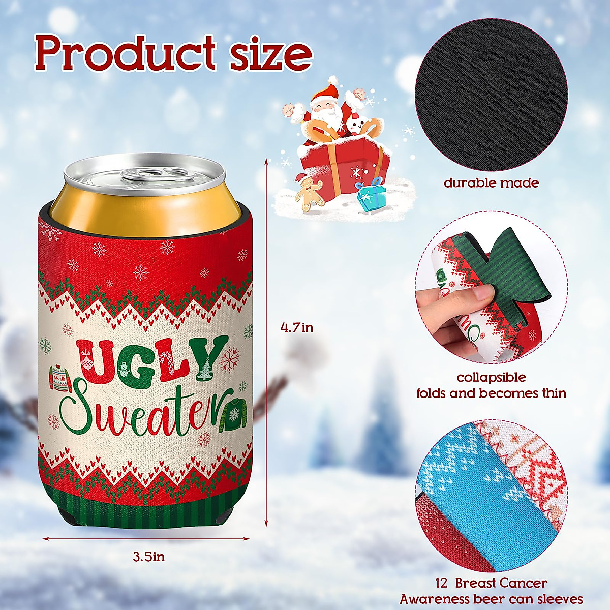 Tiamon 12 Pcs Christmas Ugly Sweater Beer Can Sleeves Xmas Can Cooler Sleeves Funny Christmas Can Covers Drink Beverages Bottle Sleeves Holiday Party Gift Decorations Supplies