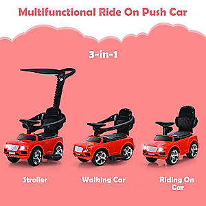 Costzon Push Cars for Toddlers, 3 in 1 Bentley Stroller Sliding Walking Car w/Canopy, Handle, Safety Bar, Cup Holder, Music, Underneath Storage, Foot-to-Floor Ride On Toy for Boys & Girls, Red