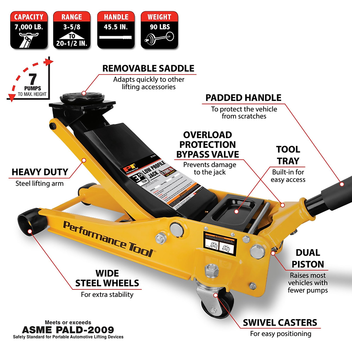 Performance Tool W1645 Professional Low-Profile Swiveling Floor Jack, 3.5-Ton Capacity, Lift Range 3-1/2-Inch to 20-1/2-Inch