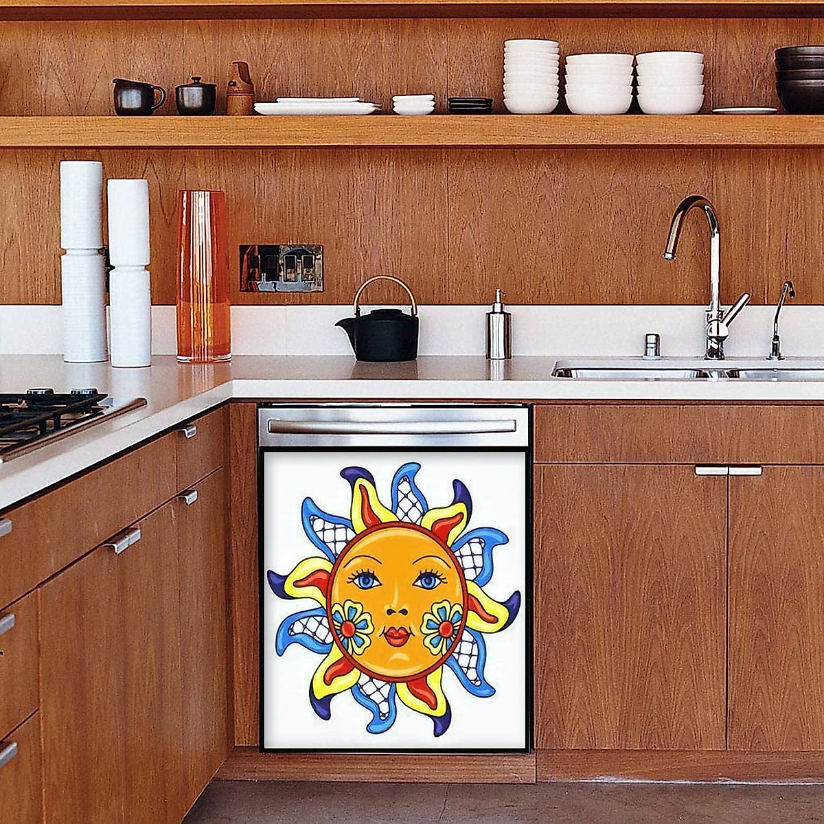 Dishwasher Magnet Cover Mexican Sun with Ornamental Flowers Traditional Decorative Object Magnetic Refrigerator Stickers Decorative Appliance Cover Fridge Panels Metal Door Garage 23x26in
