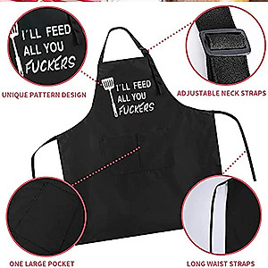 ZOORON I'll Feed All You - Funny Black Chef Aprons for Men Adjustable BBQ Kitchen Cooking Aprons with Pocket Waterproof Oil Proof Father’s Day/Birthday