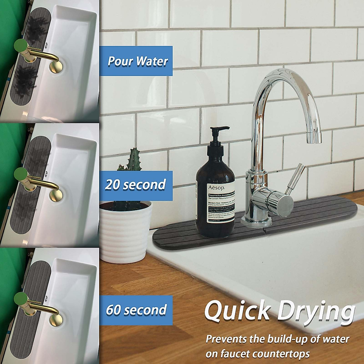 Laidawoo Kitchen Faucet Absorbent Mat, Diatomite Splash Guard for Sink Faucet, Faucet Mat for Kitchen Sink, Diatomaceous Earth Fast Drying Stone Sink Tray,Quick-Drying Water Absorbing Stone Tray