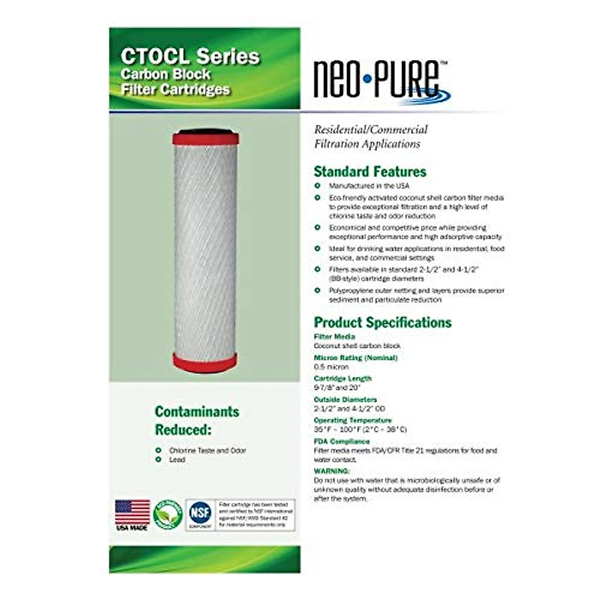 Neo-Pure CTOCL-2510 9-7/8" x 2-1/2" Coconut Shell Carbon Block Filter 0.5 micron - Single