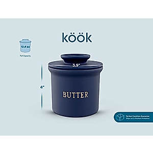 Kook Butter Keeper Dish, French Ceramic Crock with Lid, Embossed Container, For Soft Butter (Matte Navy)