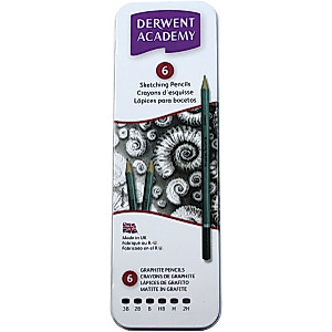 Derwent Academy Sketching Pencils, 6 Degrees of Hardness, Metal Tin, 6 Count (2301945)