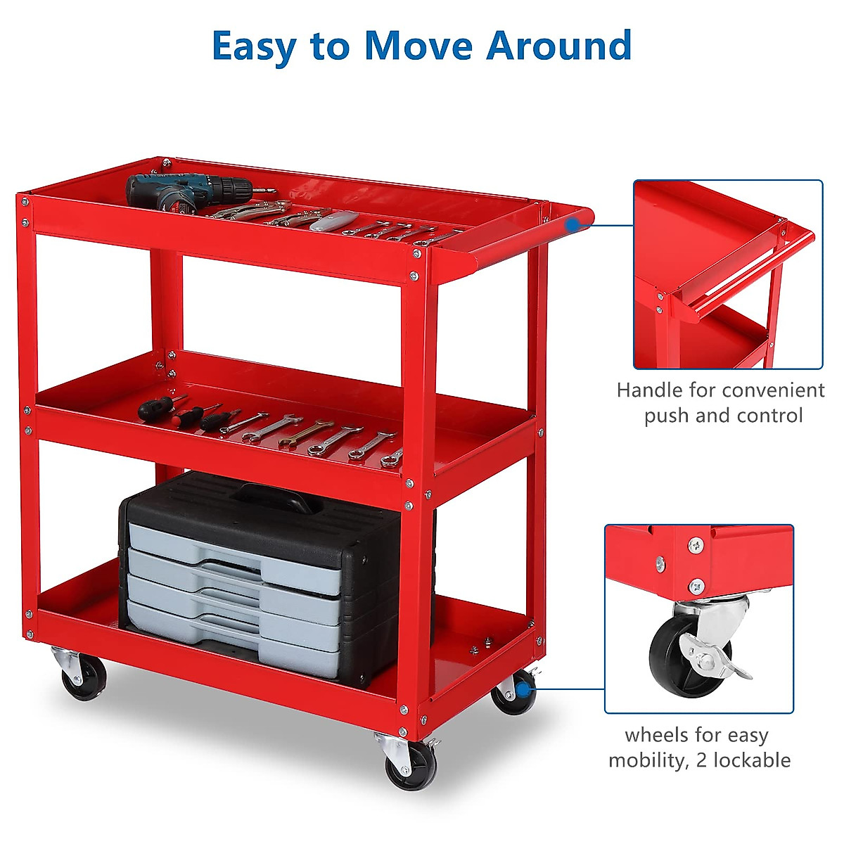 TUFFIOM 3 Tier Rolling Tool Cart, 330 Lbs Capacity, Red, 3 Shelves Steel Utility Cart for Garage, Workshop, Warehouse & Repair Shop