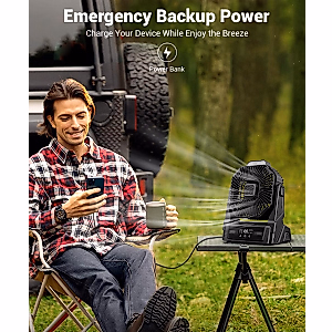 KopBeau Portable Camping Fan with Lights, 20000mAh Rechargeable Battery Operated Fan, Battery Powered Outdoor Beach Tent Fan with 3 Speeds & Hook, Personal USB Table Fan for Camping Accessories Black