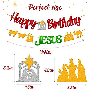 Happy Birthday Jesus Banner for Christian Winter Merry Chritmas Garland Jesus's Bday Party Supplies Gold and Green Decorations