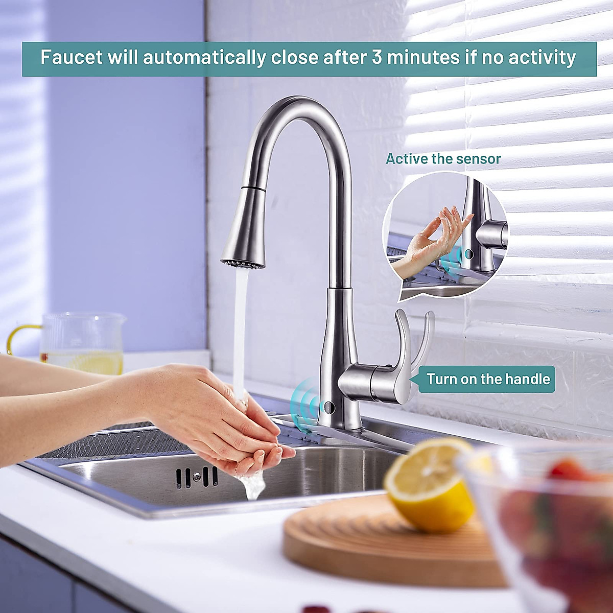 Giantex 304 Stainless Steel Touchless Kitchen Faucet, 360 Degree Swivel High Arc Single Handle Hands-Free Faucet w/Pull Down Sprayer, Brushed Nickel Motion Sensor Sink Faucet w/ 3 Spray Functions