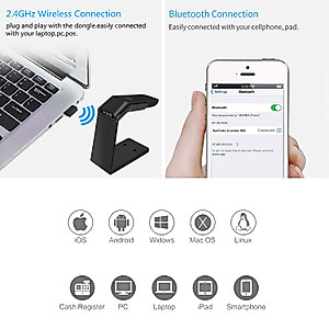 Wireless barcode scanner with stand, Compatible with Bluetooth,2.4GHz Wireless & Wired Connection all in one for Computer POS Warehouse Inventory Library