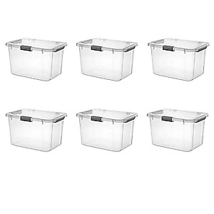 30 Qt. Plastic Storage Box Tote Organizing Container With Durable Lid , Stackable and Nestable Snap Lid Plastic Storage Bin, 6 Pack, Clear With Gray Buckle